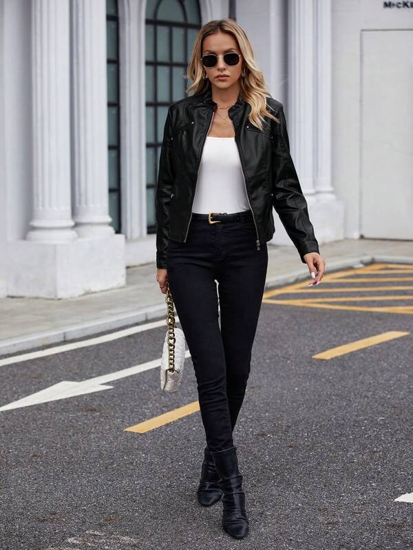 SHEIN LUNE Zip Up PU Leather Jacket | SHEIN USA