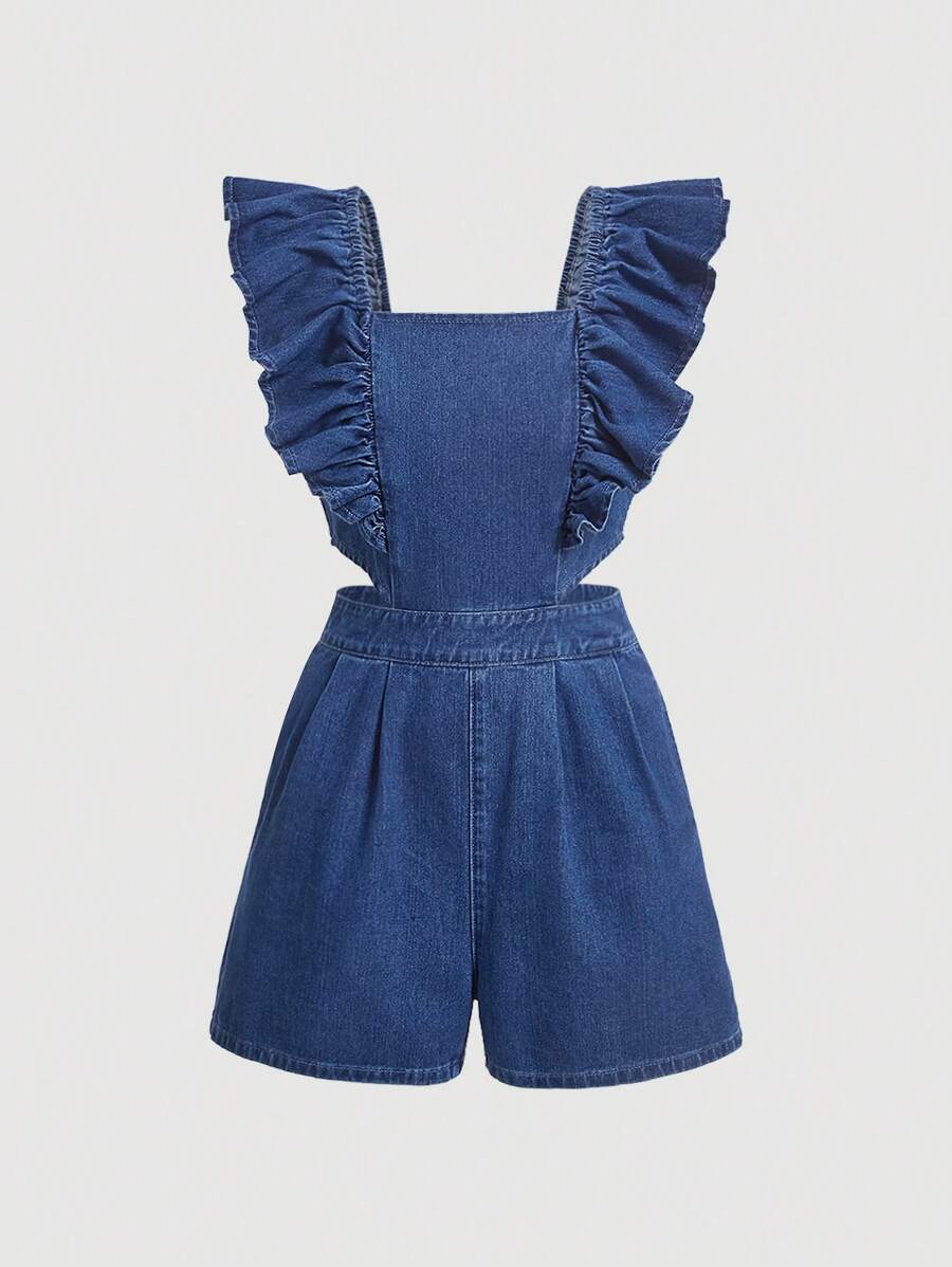 SHEIN MOD Ruffle Trim Square Neck Denim Romper | SHEIN USA