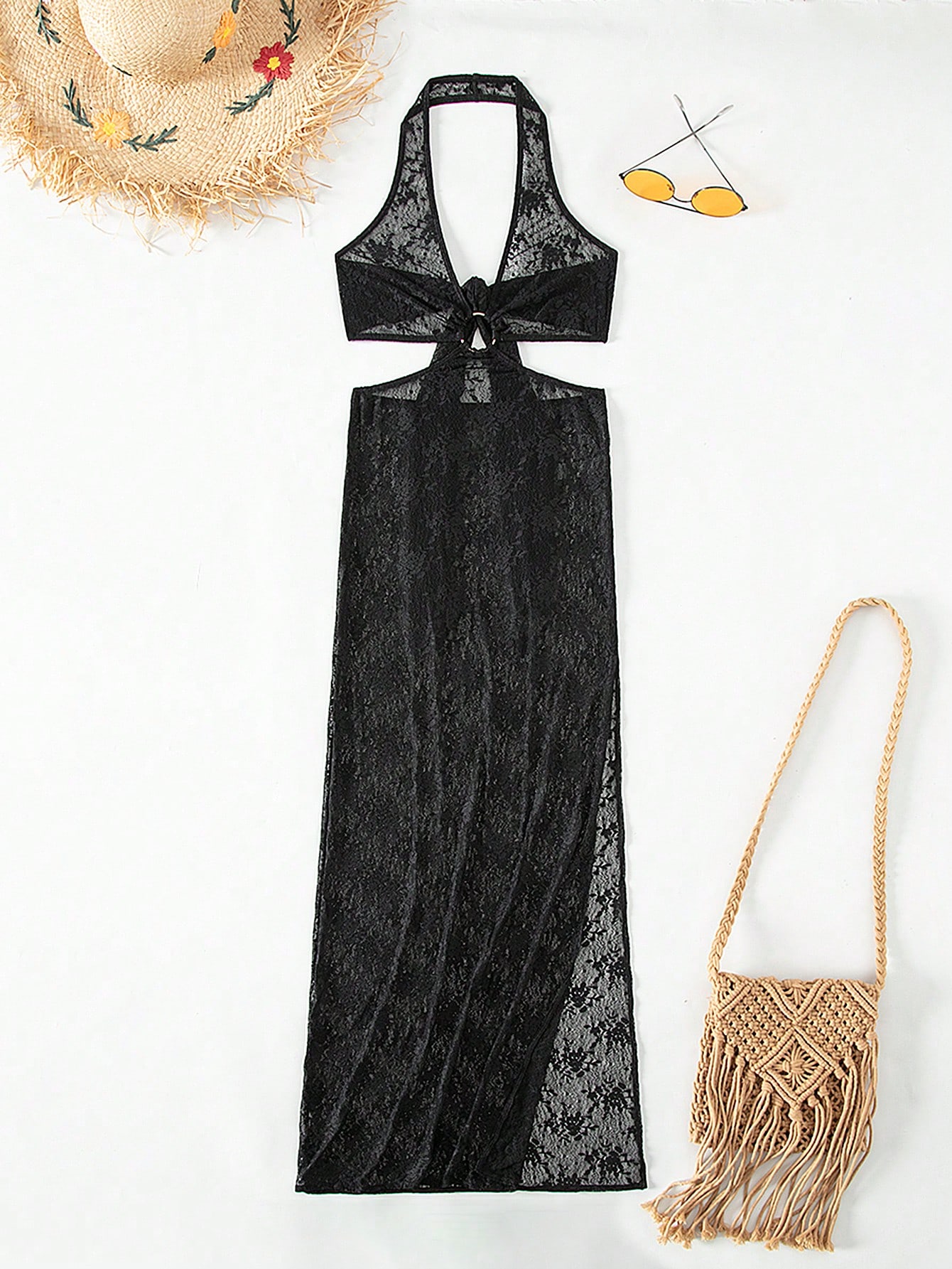 Shein Swim Bae Ring Linked Cut Out Split Thigh Lace Halter Neck