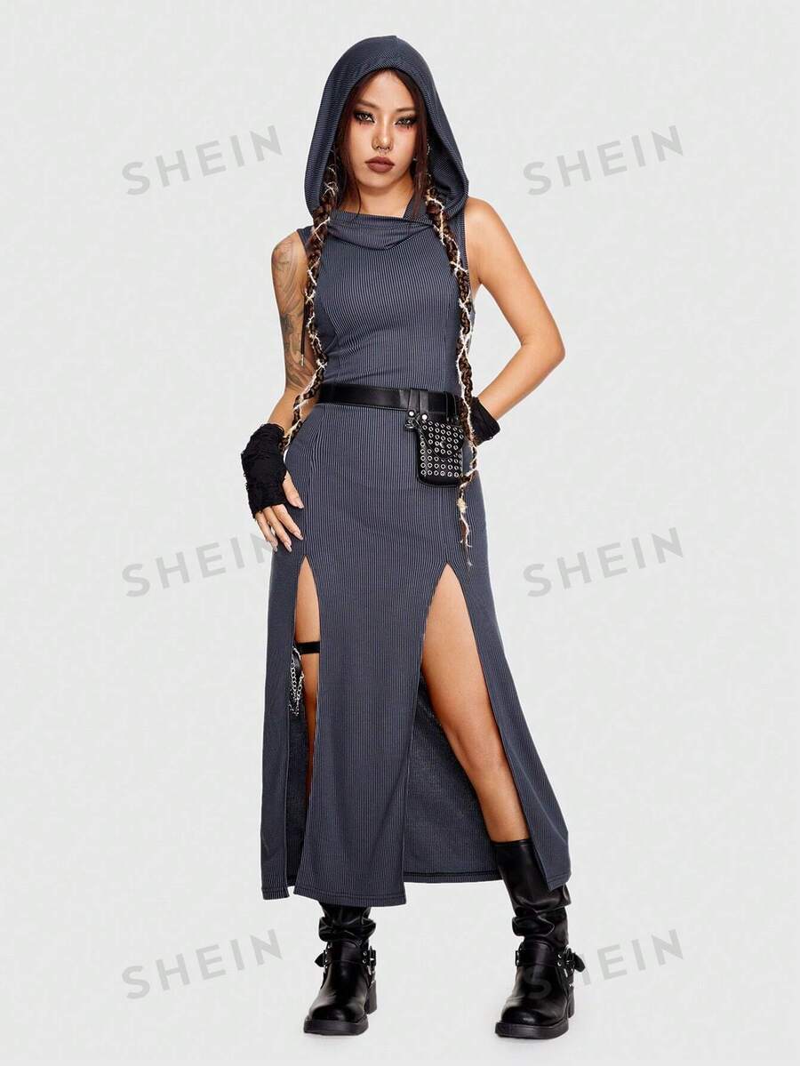 ROMWE Grunge Punk Split Thigh Hooded Tank Dress Without Belt And Gloves ...