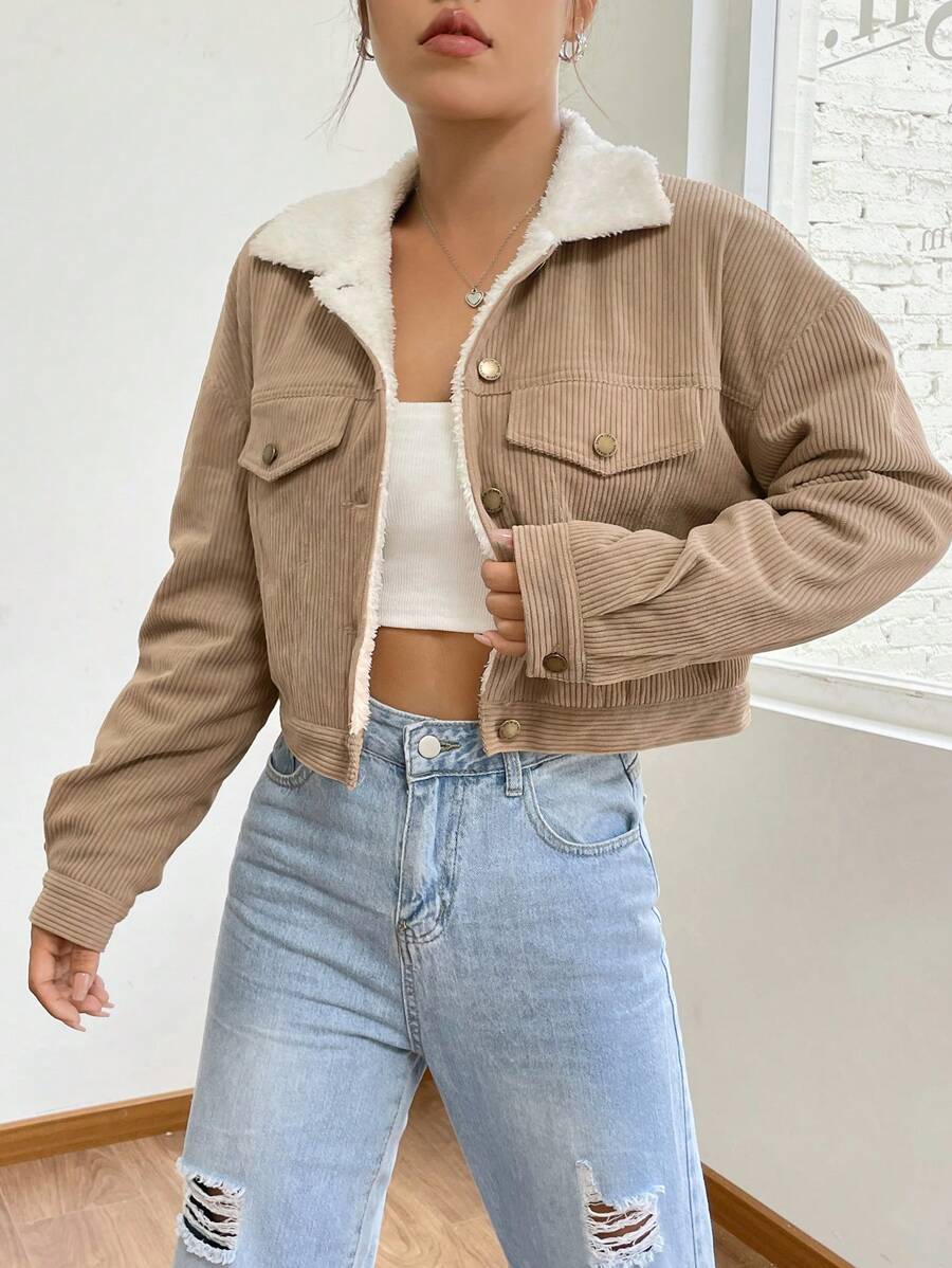 SHEIN EZwear Women's Khaki Fleece Trucker Front Pockets Thick Flap ...