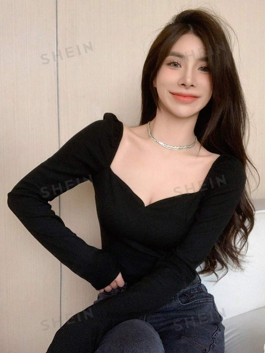 DAZY Solid Sweetheart Neck Crop Tee | SHEIN USA