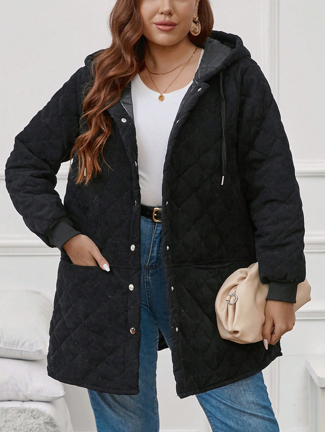 SHEIN LUNE Plus Dual Pocket Drawstring Hooded Quilted Coat | SHEIN UK