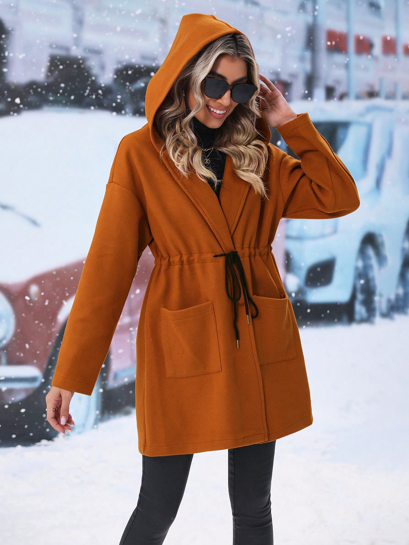 SHEIN LUNE Dual Pocket Drawstring Waist Drop Shoulder Hooded Overcoat | SHEIN USA