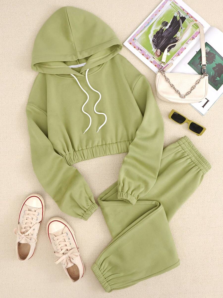 SHEIN EZwear Solid Thermal Lined Drawstring Crop Hoodie & Sweatpants | SHEIN USA