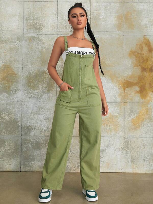 Preppy Zipper Front Denim Patch Pocket Cargo Overalls Without Tube Top ...