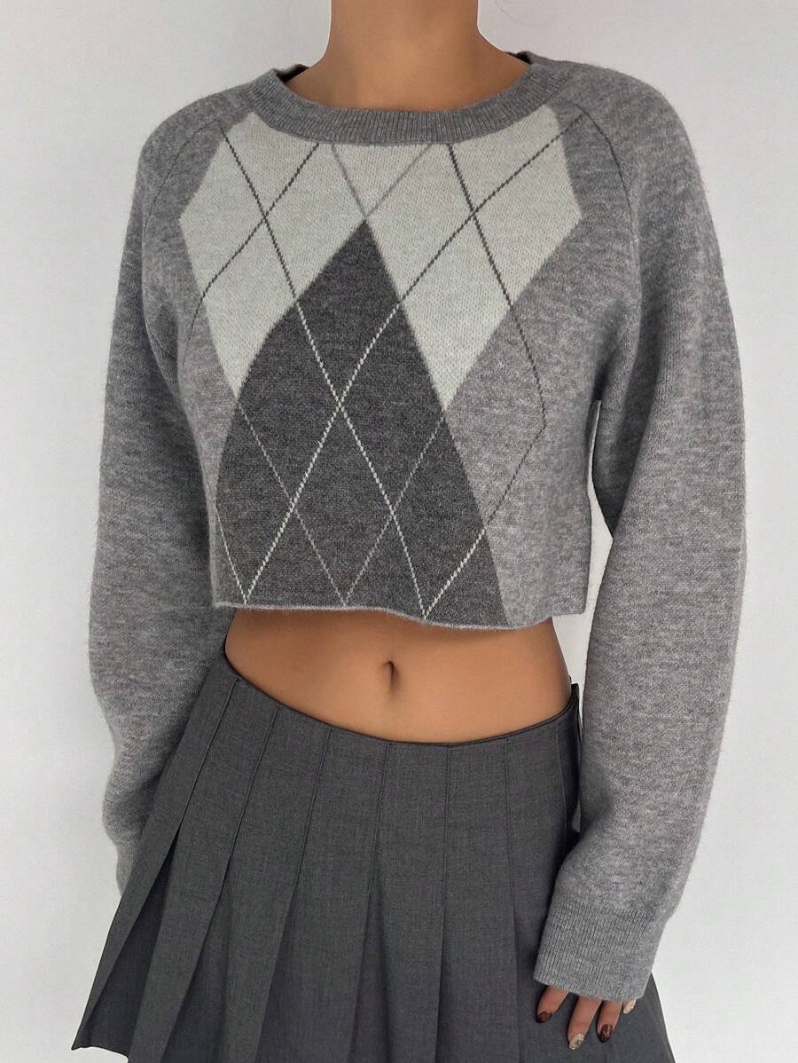 DAZY Argyle-Muster Raglan-Ärmel Crop Pullover Herbst | aktuelle Trends ...