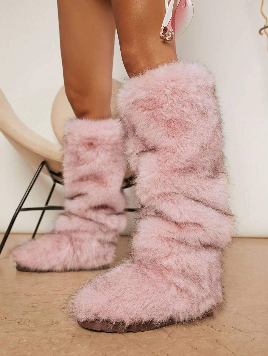 SHUZIA Women's Fluffy Furry Fluffy Round Toe Over The Knee Winter Boots ...