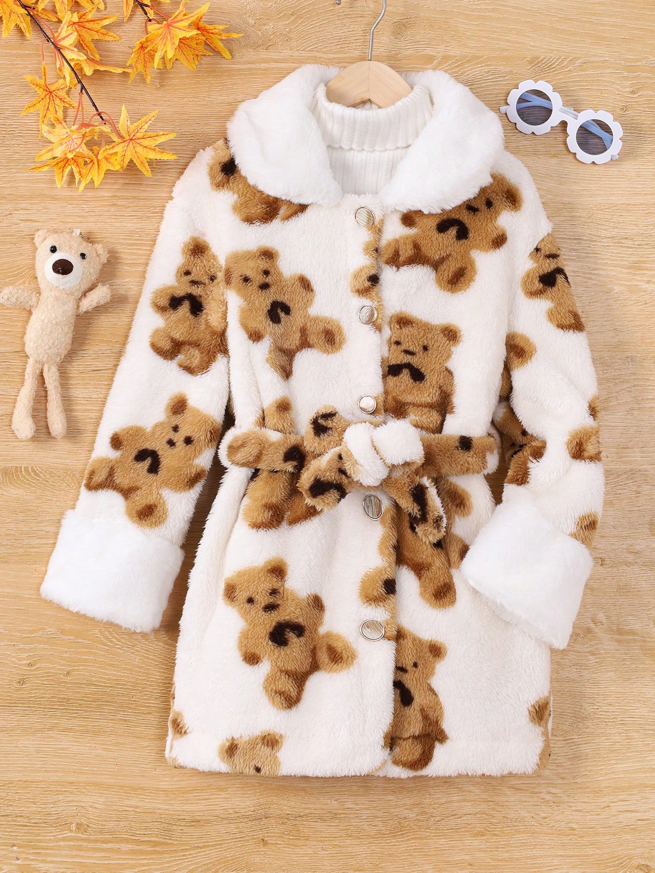 Tween Girl Bear Print Belted Teddy Coat Without Sweater | SHEIN UK
