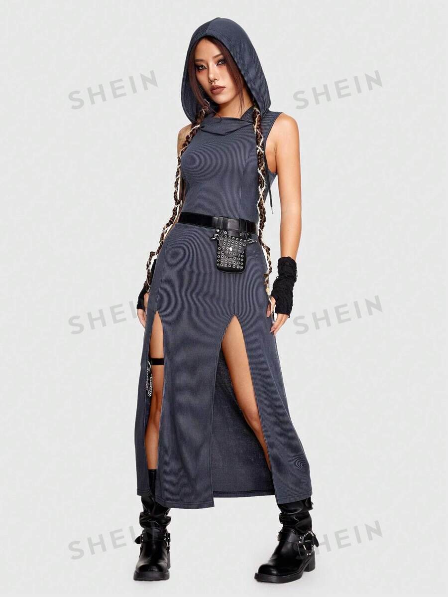 ROMWE Grunge Punk Split Thigh Hooded Tank Dress Without Belt And Gloves ...