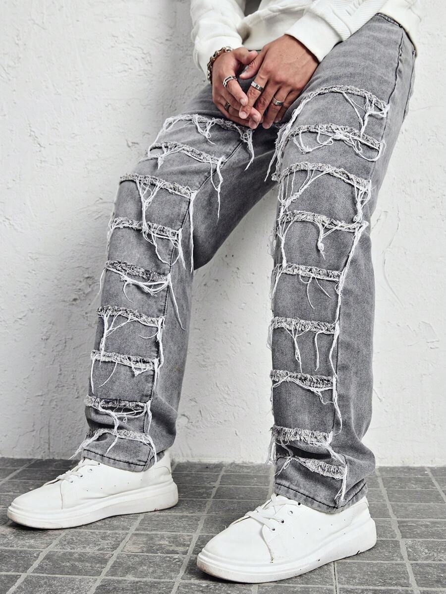 Manfinity EMRG Men Raw Trim Straight Leg Jeans Baggy Long Distressed ...