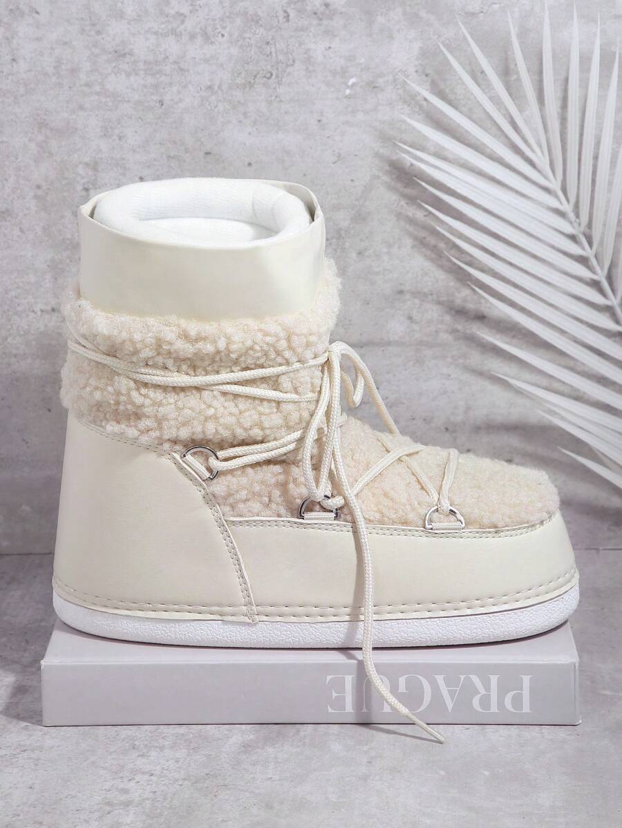 SHEIN Haute Women Shoes Boot Fuzzy Lace Up Round Toe Fluffy Ivy Bootie ...