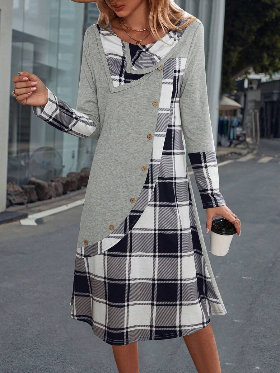 EMERY ROSE Plaid Print Button Detail Hidden Pocket Dress | SHEIN USA