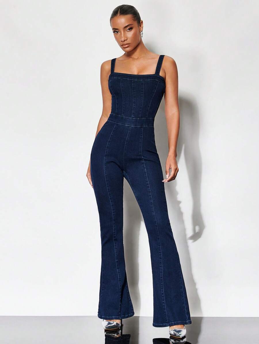 SHEIN BAE Flare Leg Denim Overalls | SHEIN USA