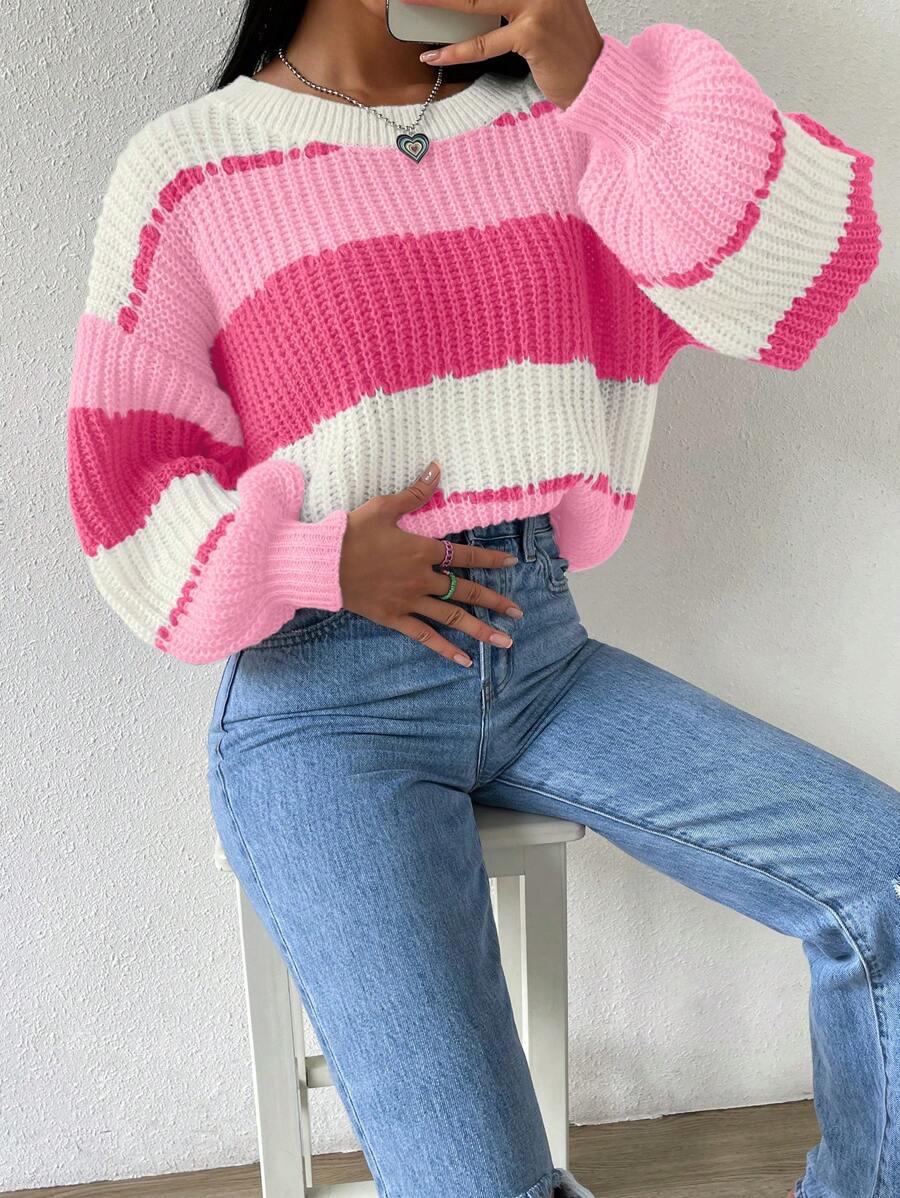 SHEIN Relaxiva Color Block Drop Shoulder Sweater,Long Sleeve Tops ...
