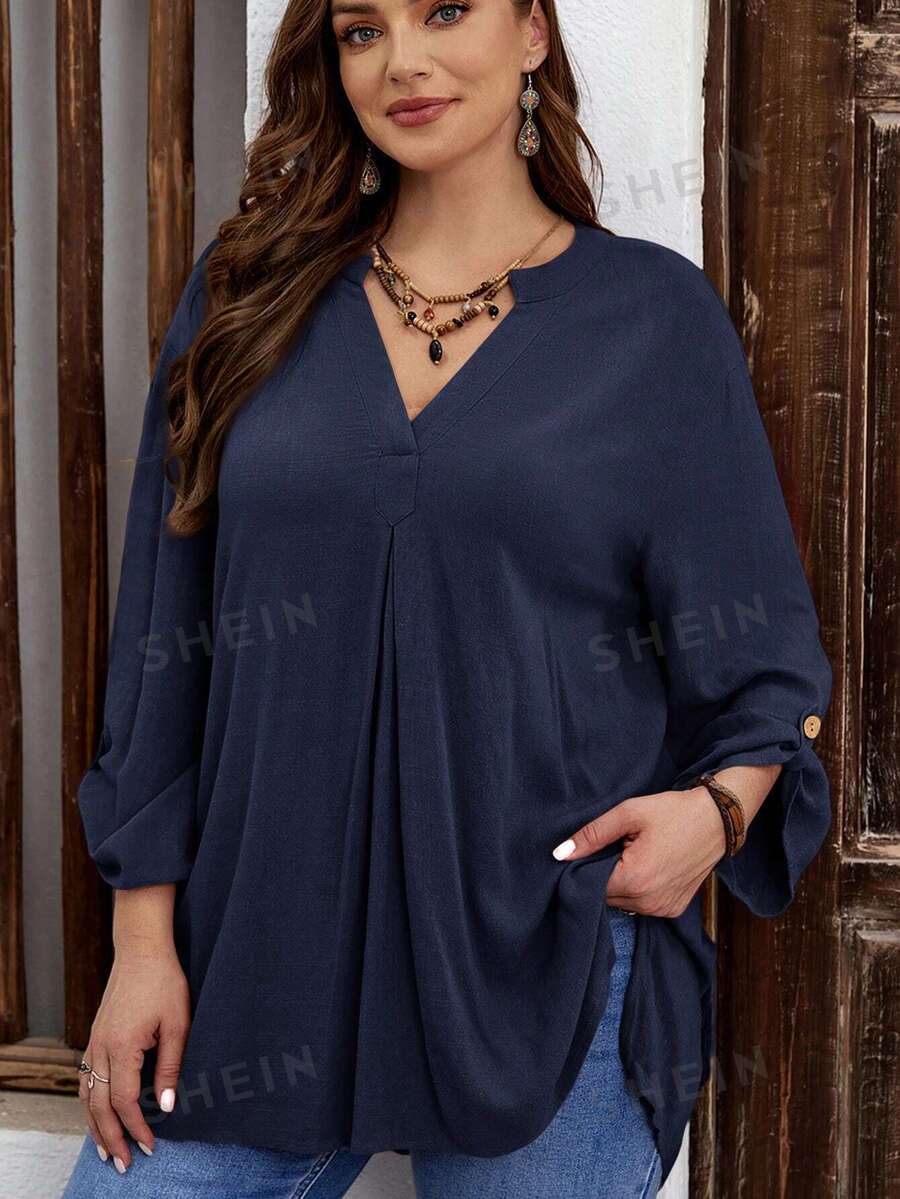 Emery Rose Plus Solid Notched Neck Roll Tab Sleeve Blouse Shein Uk