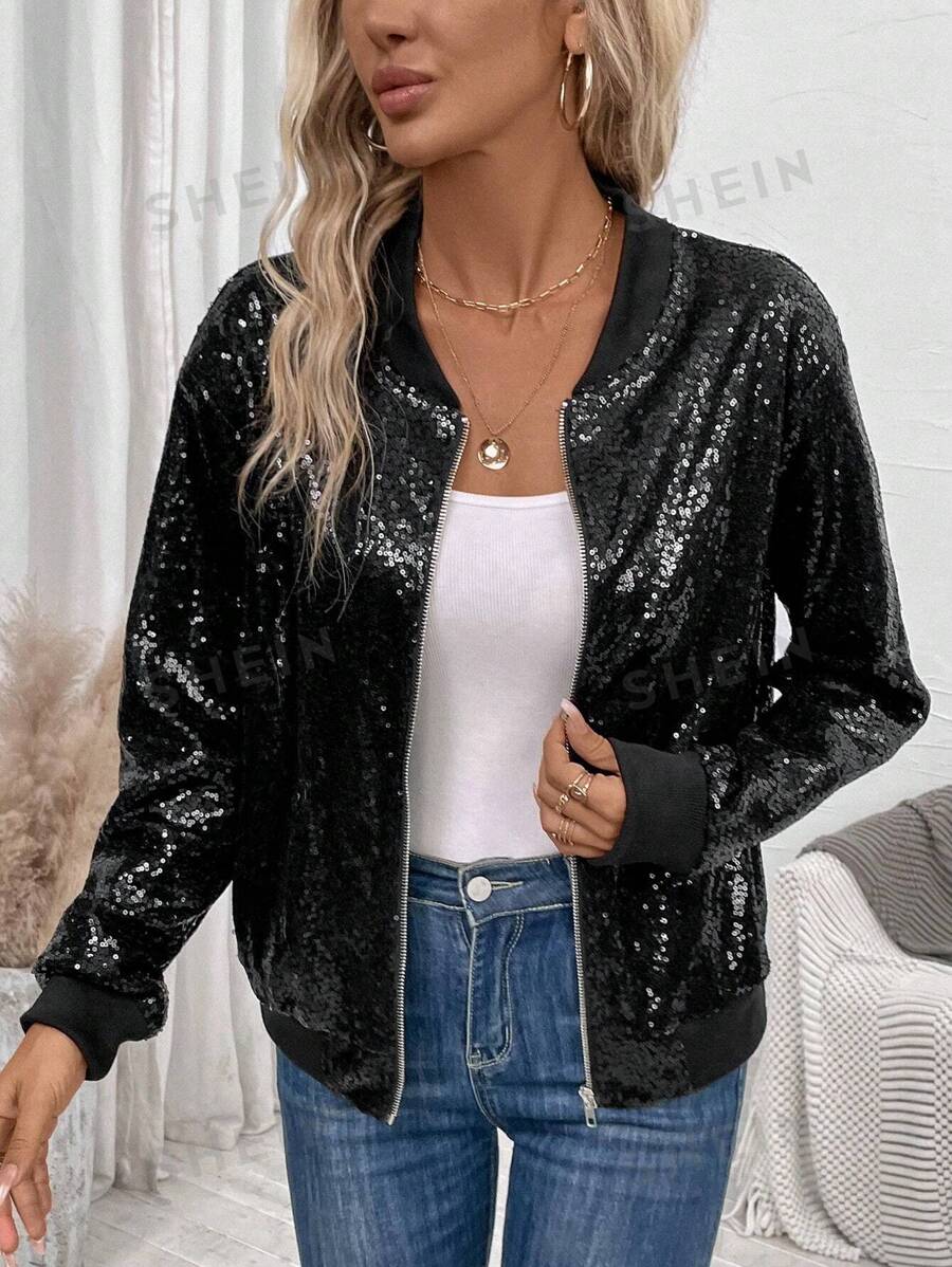 SHEIN LUNE Zip Up Sequin Bomber Jacket | SHEIN UK