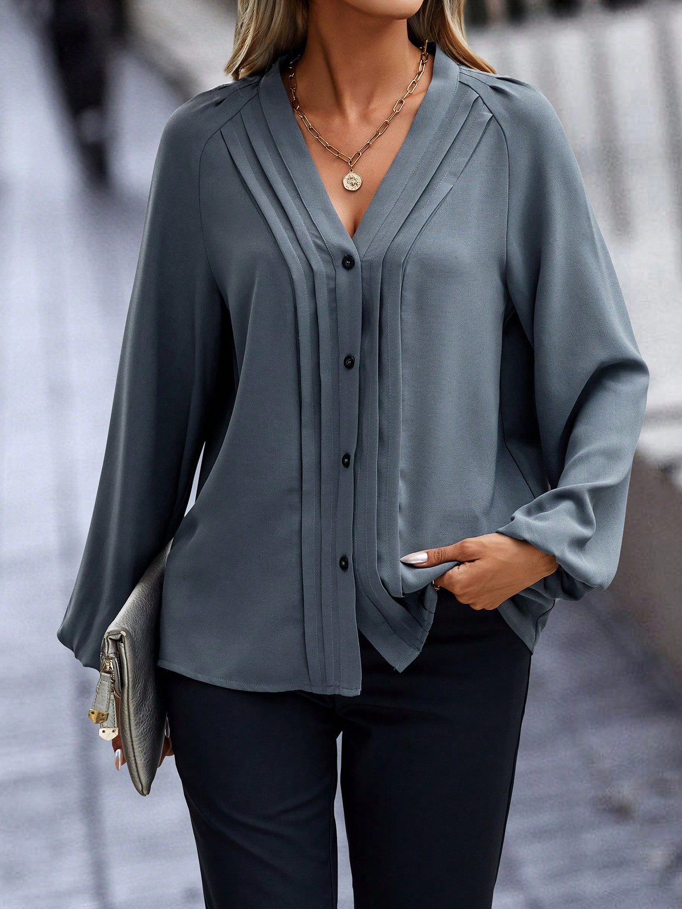 Press Crease Detail Lantern Sleeve Blouse Shein Usa
