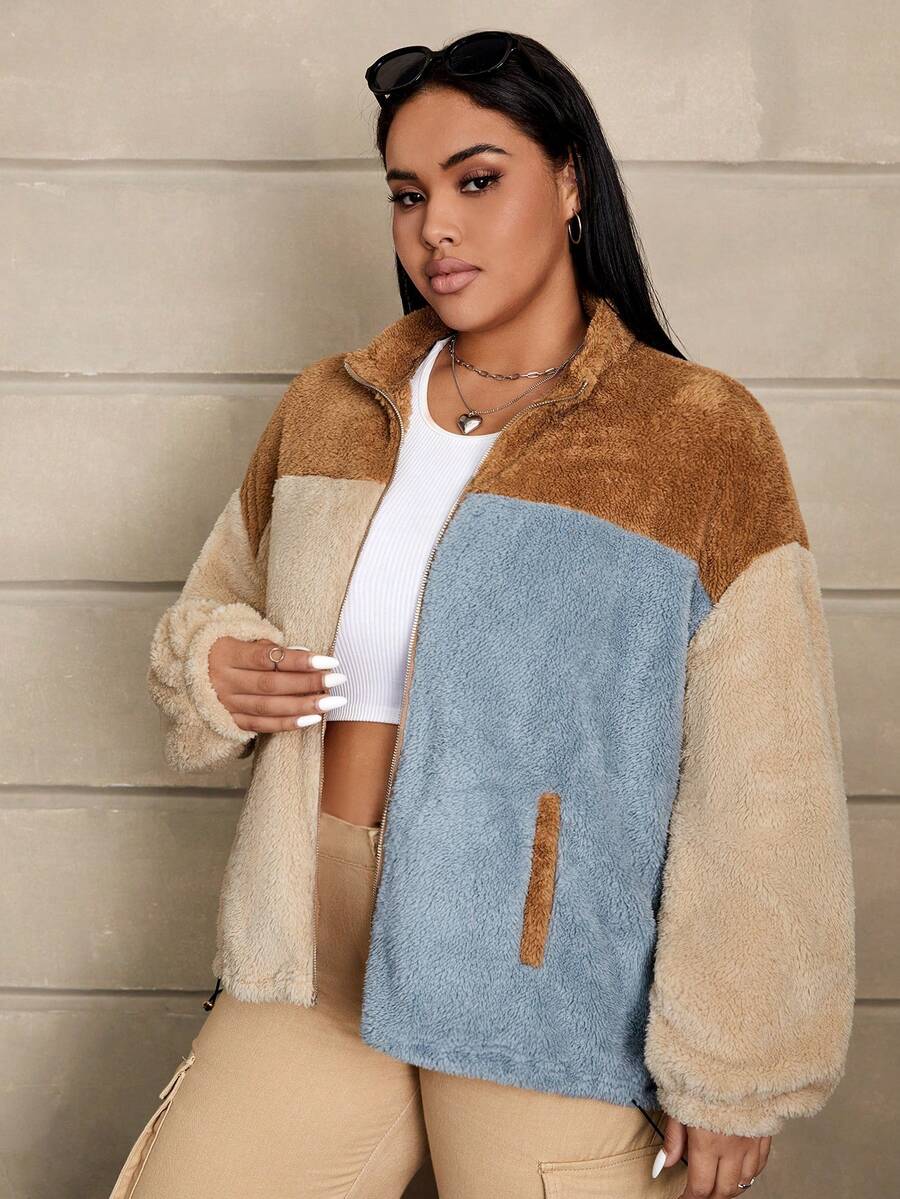 SHEIN EZwear Plus Color Block Drop Shoulder Drawstring Hem Teddy Jacket | SHEIN USA