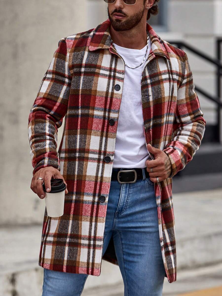 Manfinity Homme Loose Fit Mens Plaid Print Overcoat Shein Usa