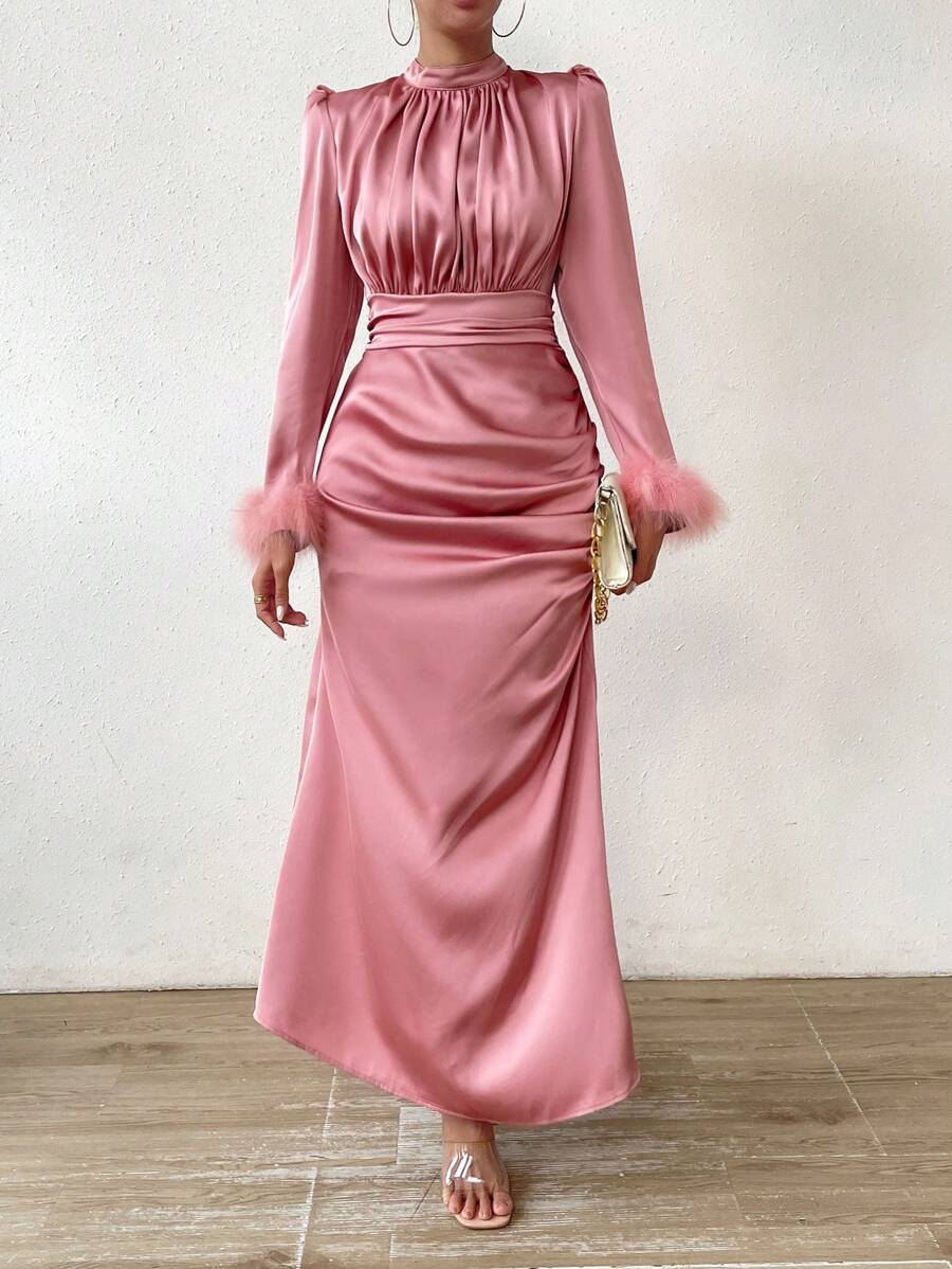 SHEIN Raffinéa Fuzzy Cuff Ruched Detail Satin Dress Maxi Women Outfit ...