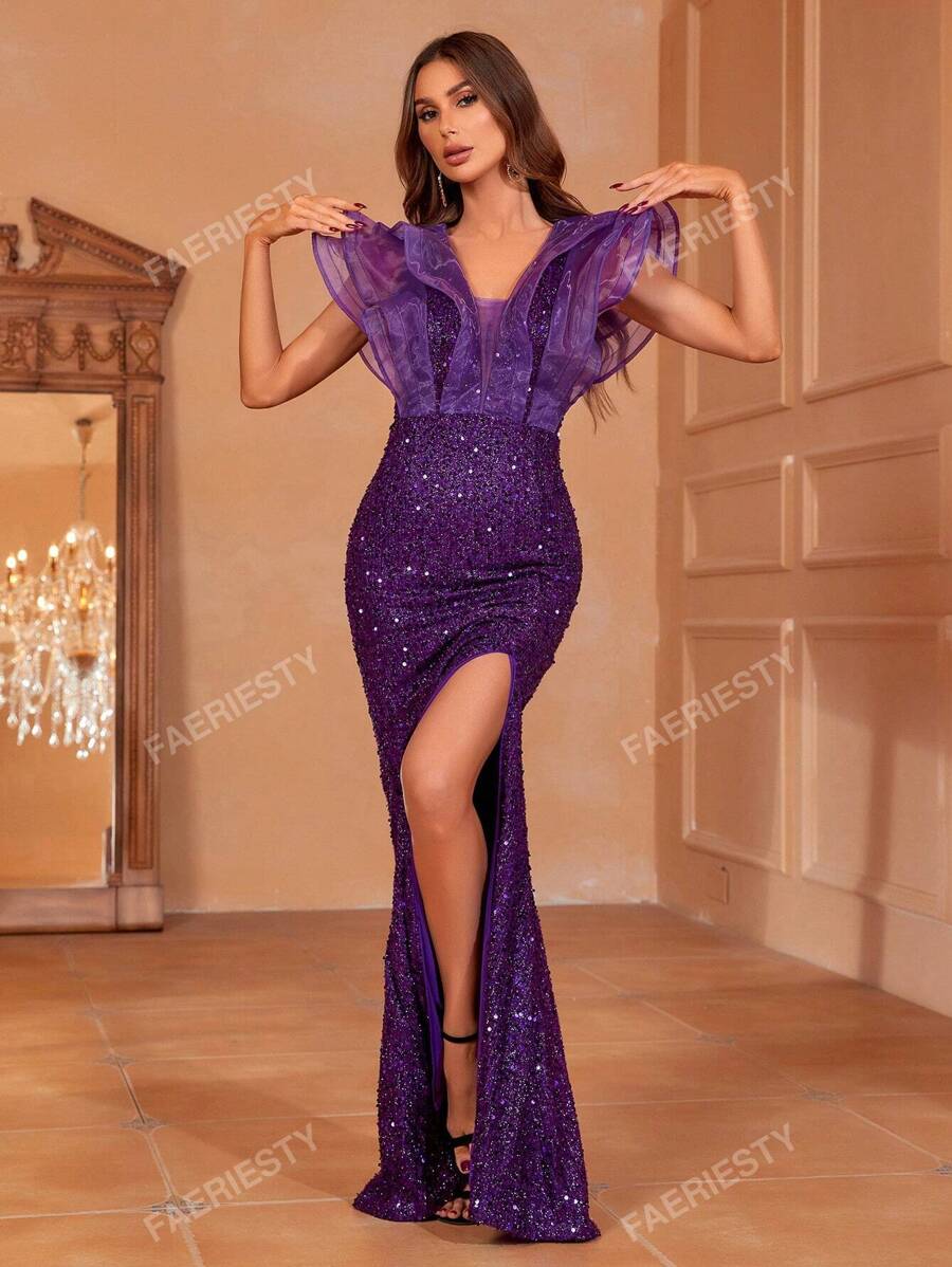 Faeriesty Elegant Glitter Sequin Gown With Ruffle Sleeves & High-Waisted Mermaid Tail | Luxury ...