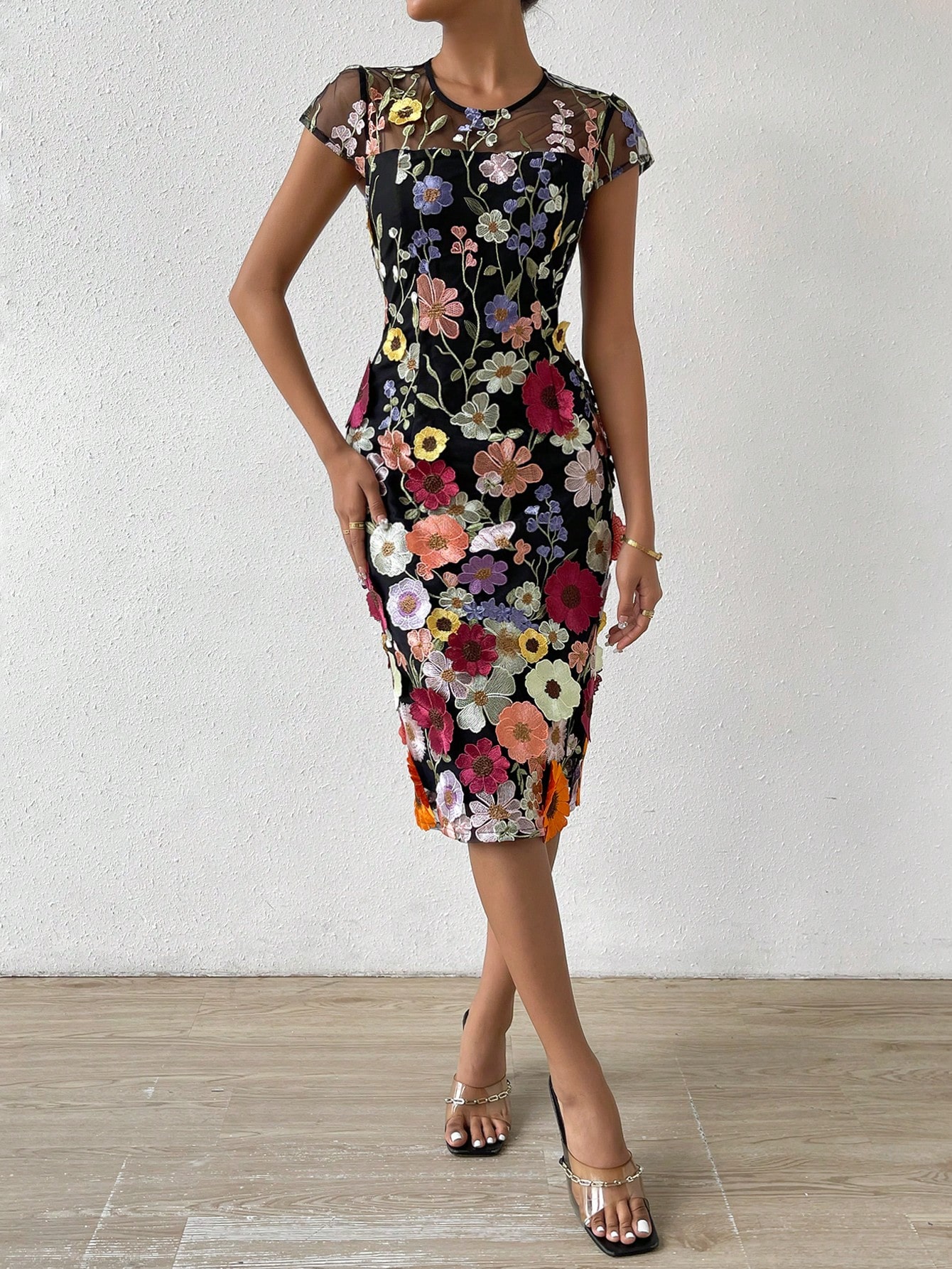Anewsta Floral Embroidery Contrast Mesh Dress | SHEIN USA