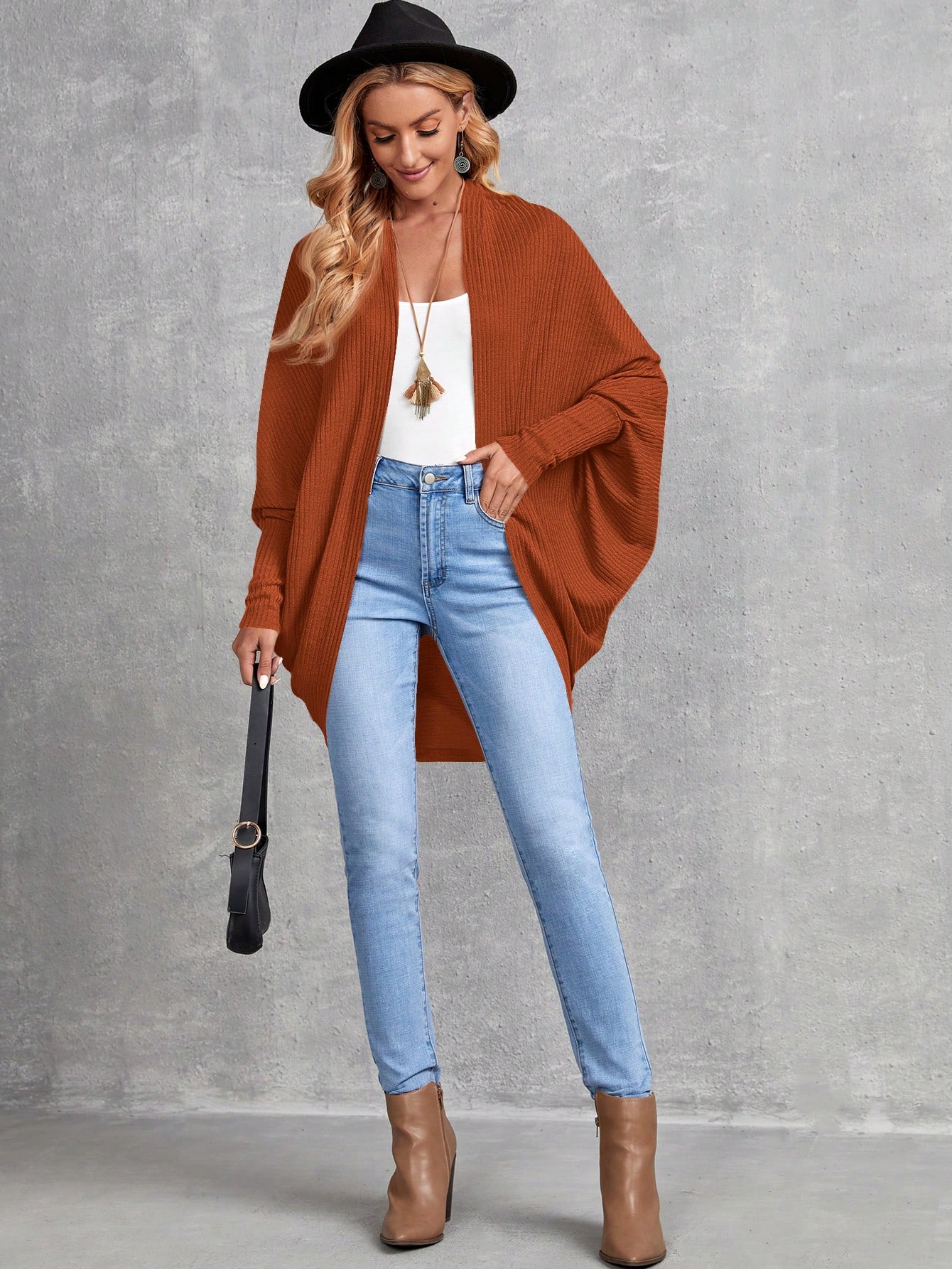 EMERY ROSE Batwing Sleeve Rib-knit Open Front Coat | SHEIN USA