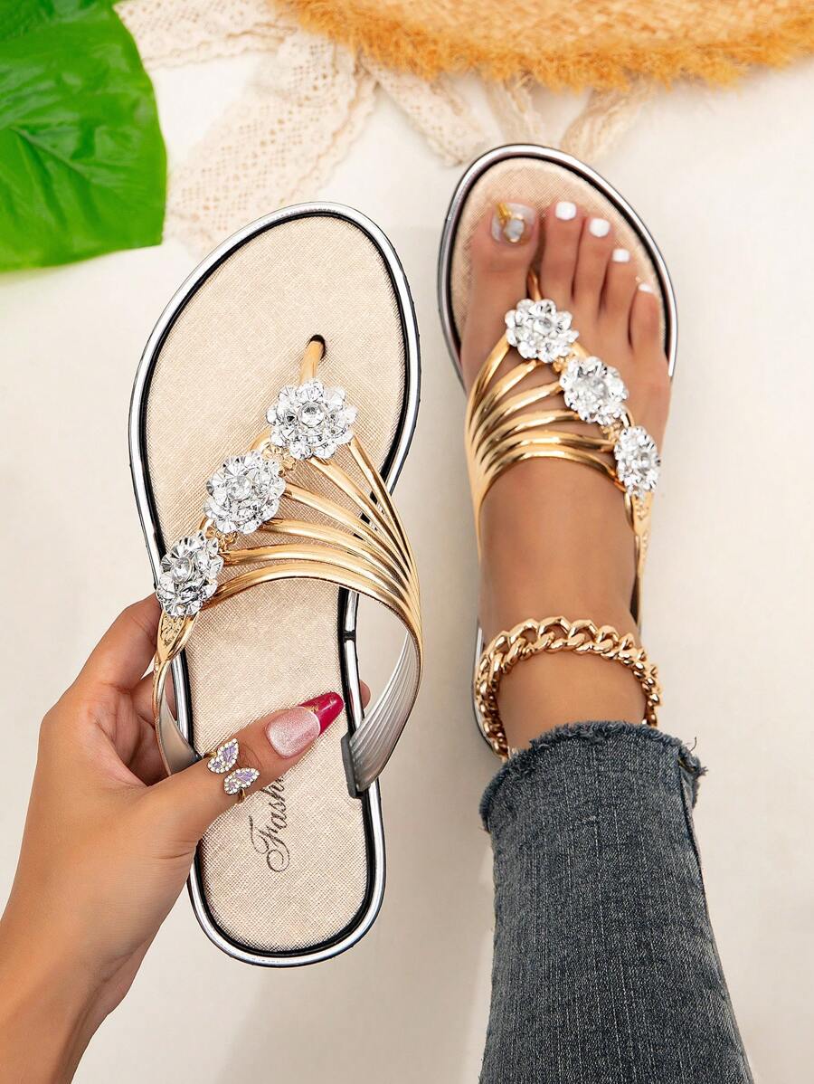 Metallic Flower Decor Flip Flops,Beach Outfits,Spring Summer Outfits ...