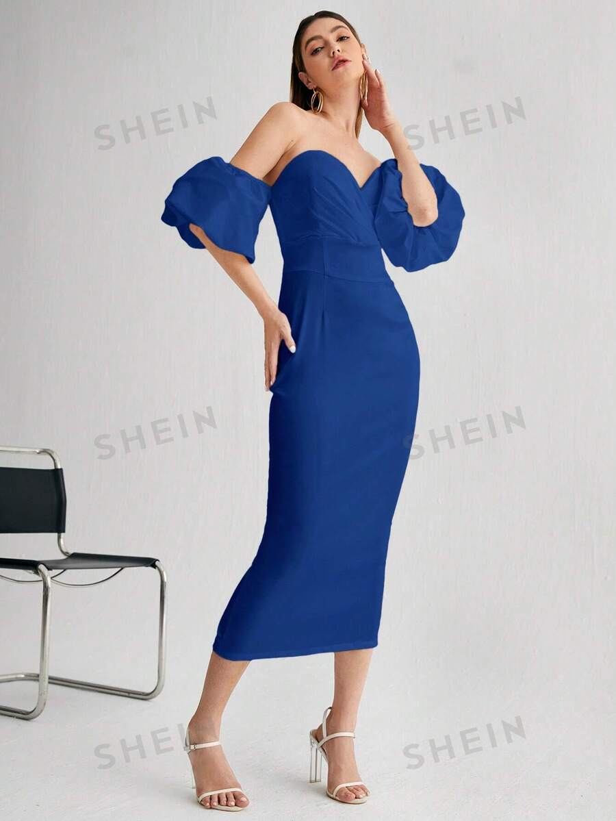 SHEIN Belle Solid Off Shoulder Puff Sleeve Slit Back Cocktail Dress | SHEIN USA