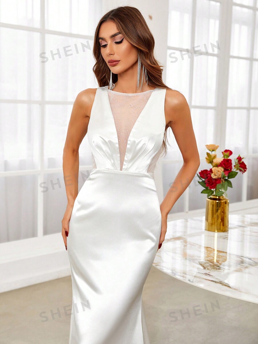 SHEIN Belle Contrast Mesh Mermaid Hem Wedding Dress Without Veil ...