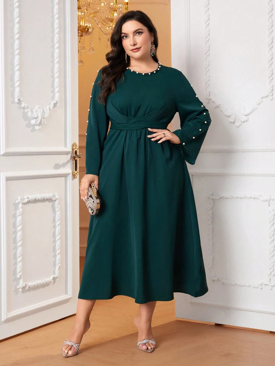 Modelyn Plus Pearls Beaded Crisscross Tie Back Pearls Beaded Detail Dress | SHEIN USA