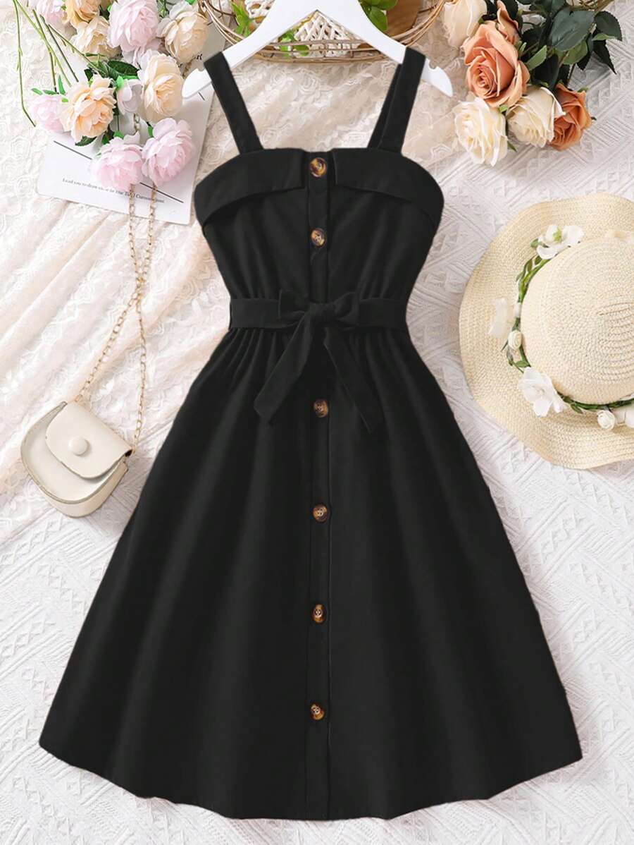 SHEIN Tween Girl Button Front Belted Cami Dress | SHEIN USA