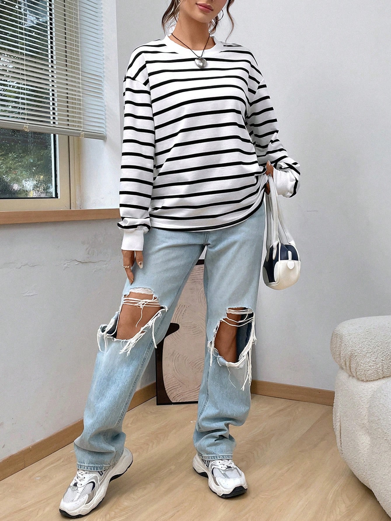 Shein Ezwear Sudadera Con Capucha De Hombro Caído Con Estampado De