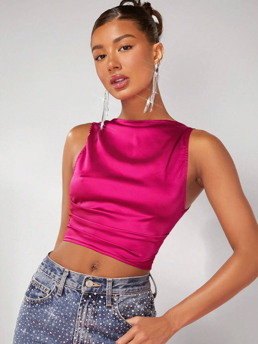 SHEIN BAE Solid Ruched Crop Satin Blouse | SHEIN USA