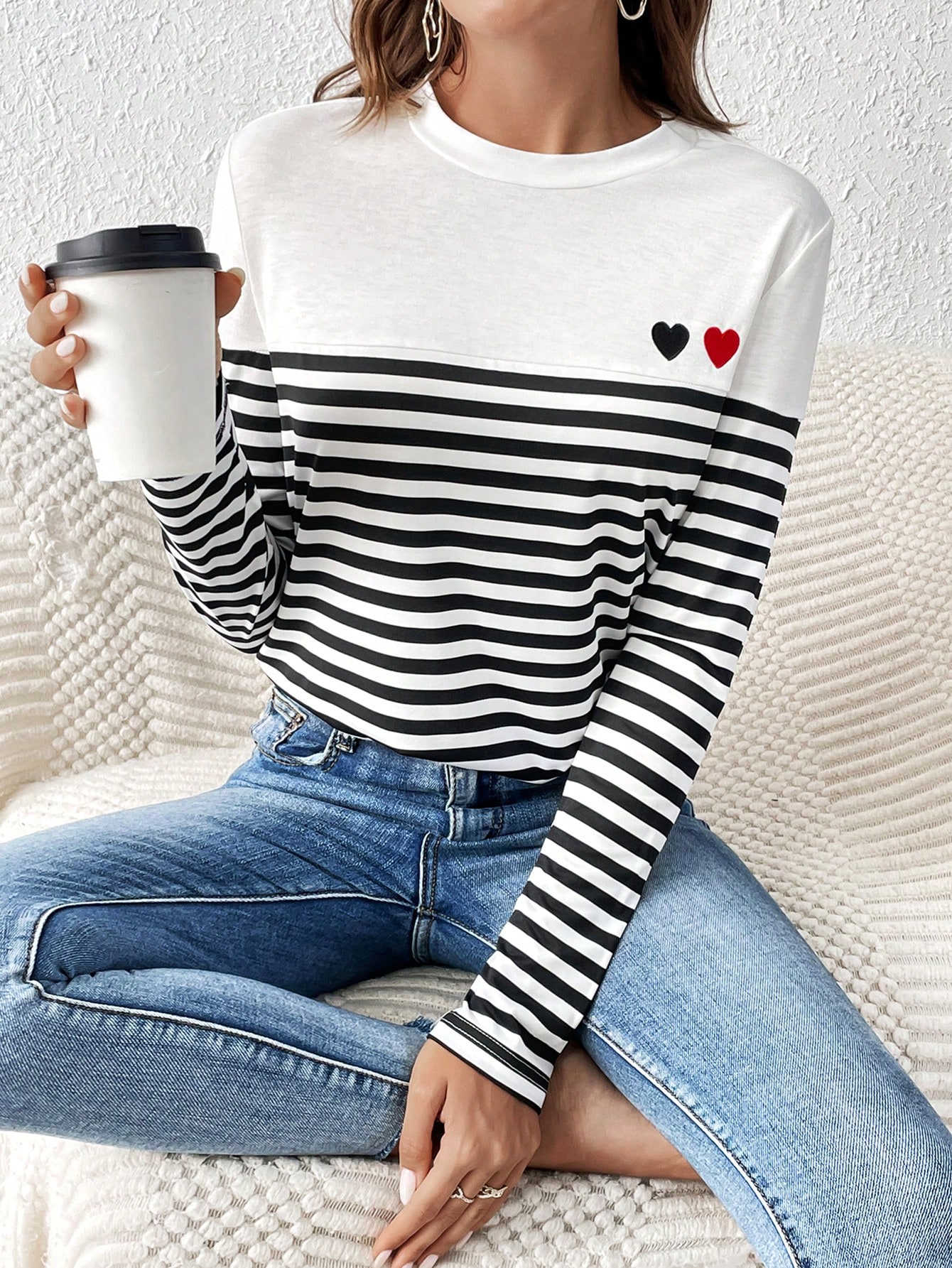 Shein Frenchy Striped Heart Embroidery Tee Shein Euqs