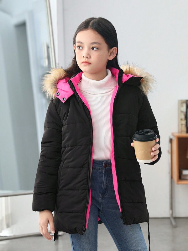 SHEIN Tween Girl Fuzzy Trim Hooded Puffer Coat | SHEIN USA