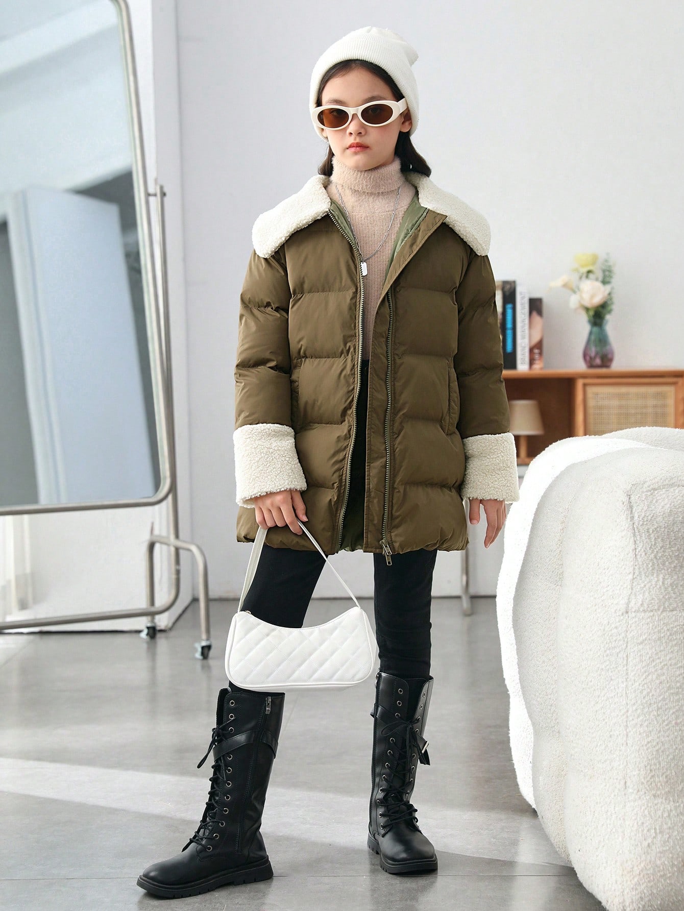 SHEIN Tween Girl Teddy Collar and Cuff Zipper Front Puffer Coat | SHEIN UK