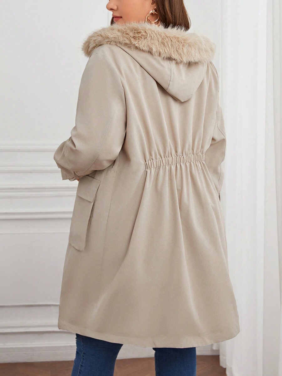 SHEIN LUNE Plus Drawstring Waist Flap Pocket Fuzzy Trim Hooded Parka Coat | SHEIN USA
