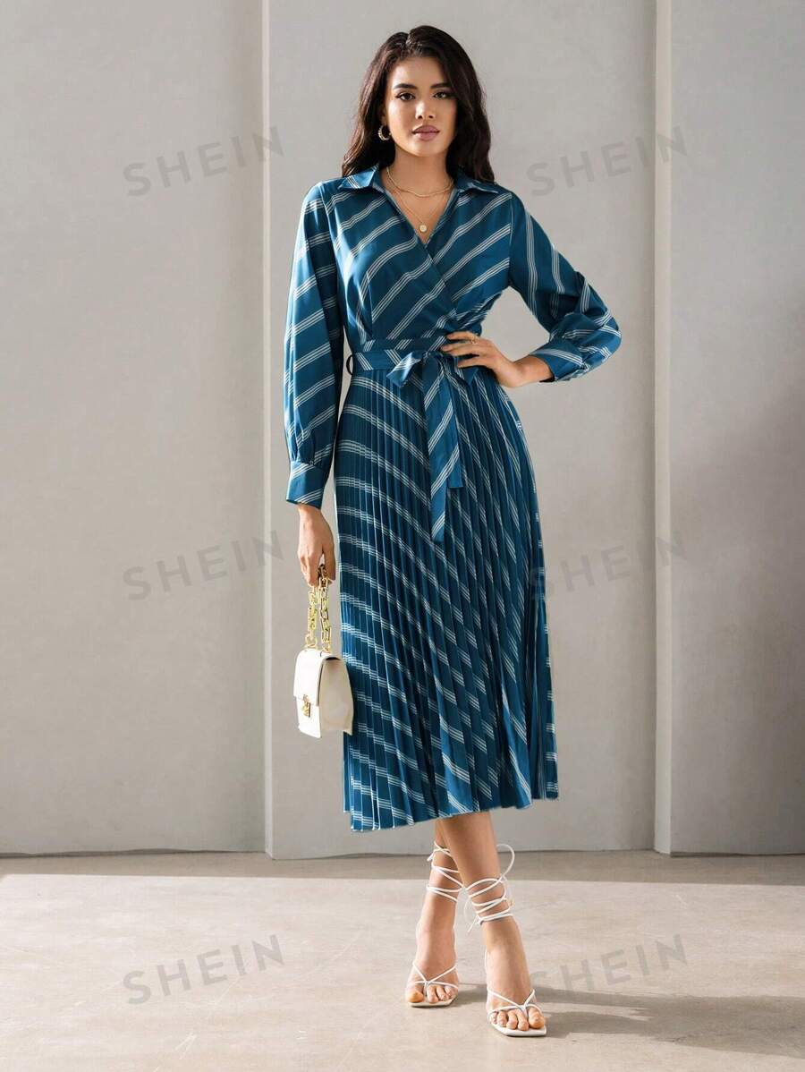 SHEIN BIZwear Striped Print Belted Shirt Dress | SHEIN USA