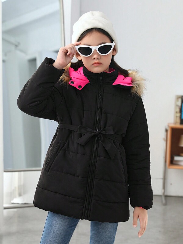 SHEIN Tween Girl Fuzzy Trim Hooded Puffer Coat | SHEIN USA