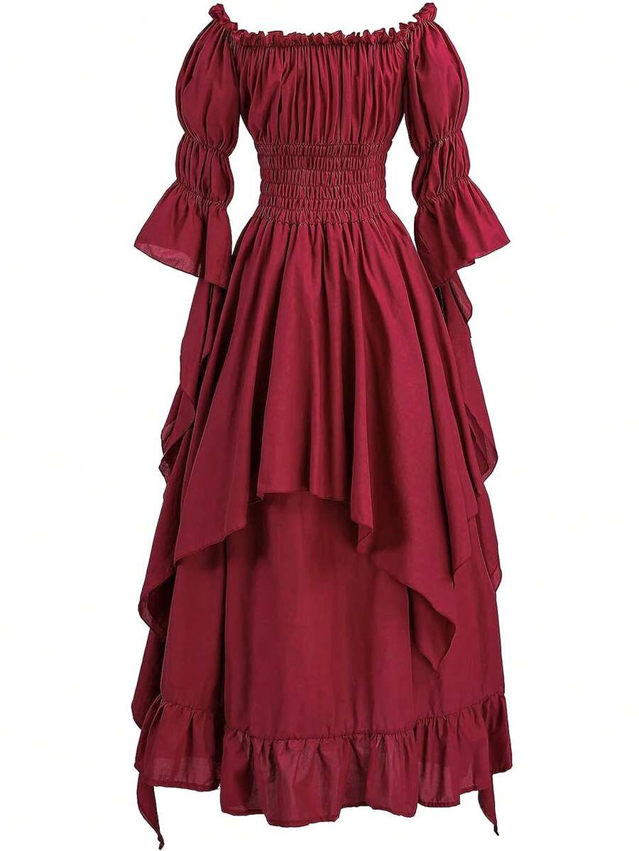 Off Shoulder Shirred Waist Ruffle Hem Dress | SHEIN USA