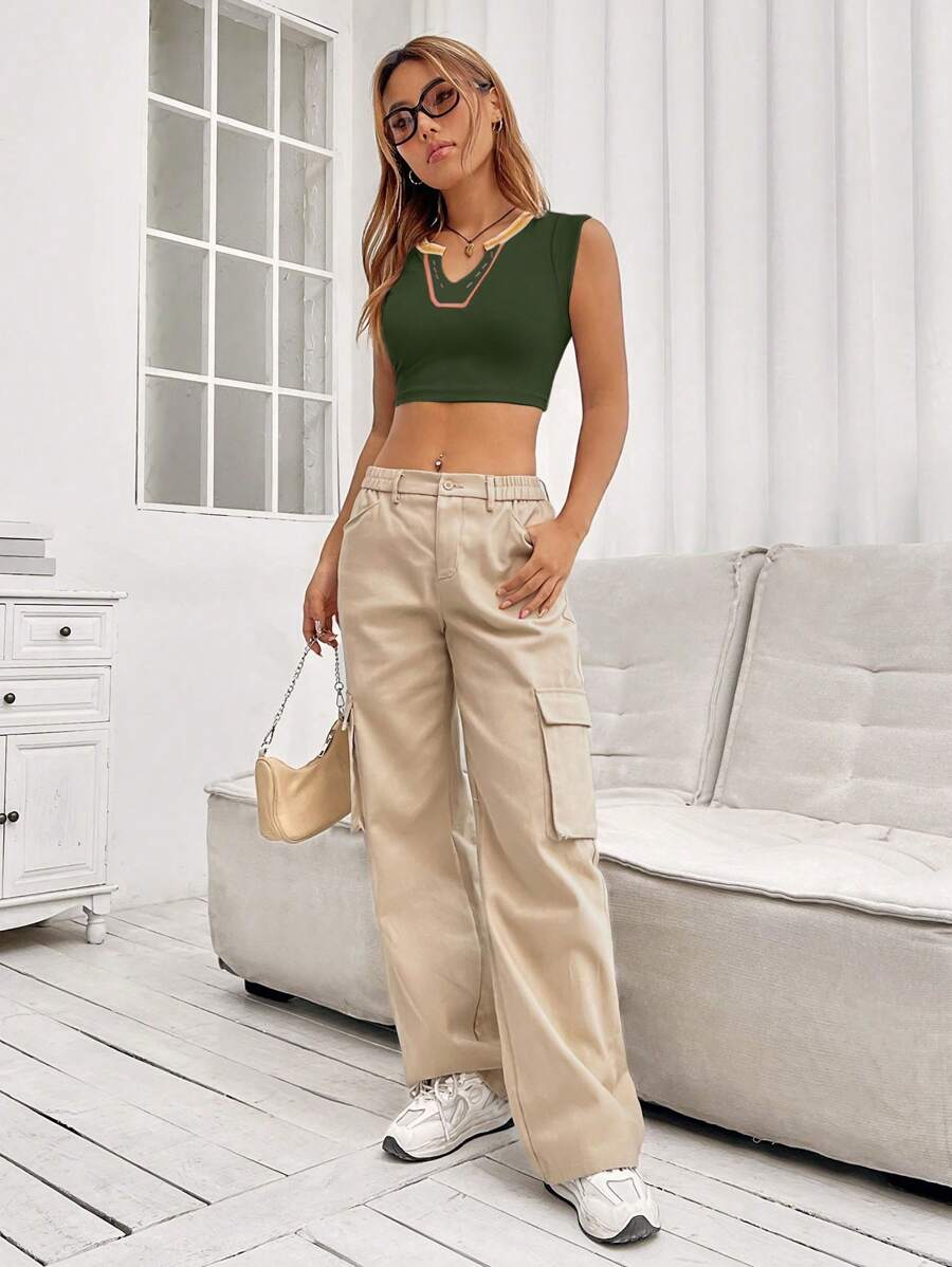 Shein Ezwear Notched Neckline Contrast Trim Crop Tee Shein Usa