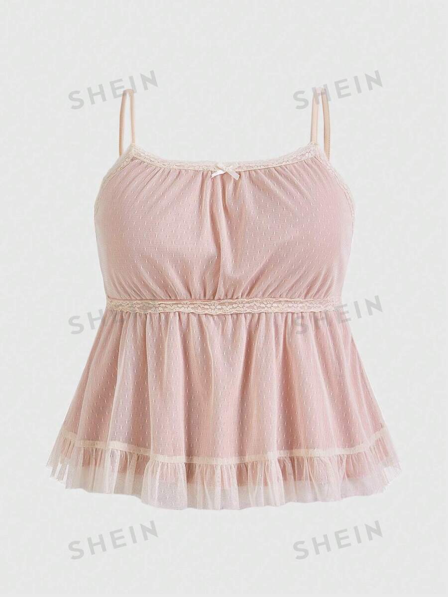 ROMWE Kawaii Plus Contrast Mesh Ruffle Hem Cami Top | SHEIN USA