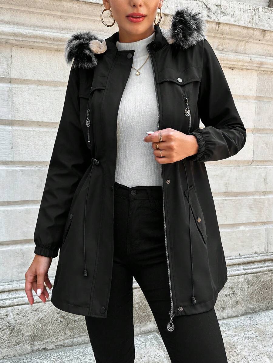 Drawstring Waist Fuzzy Trim Hooded Parka Coat | SHEIN USA