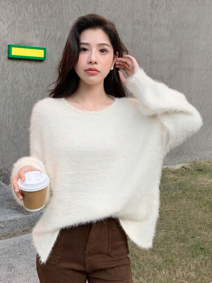 Dazy Solid Drop Shoulder Fluffy Knit Sweater Shein Usa