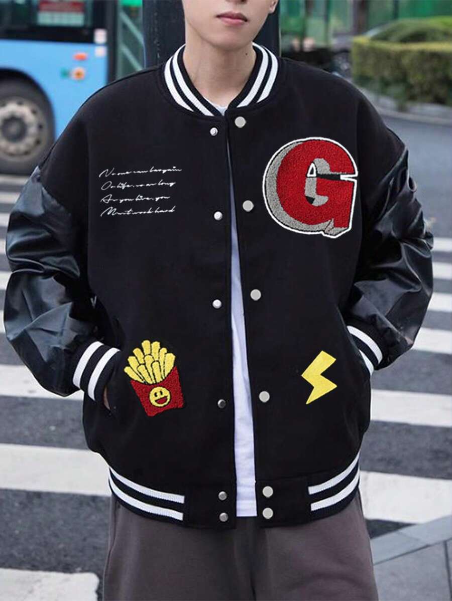 Manfinity EMRG Loose Fit Men's Varsity Jacket With Slogan Graphic ...
