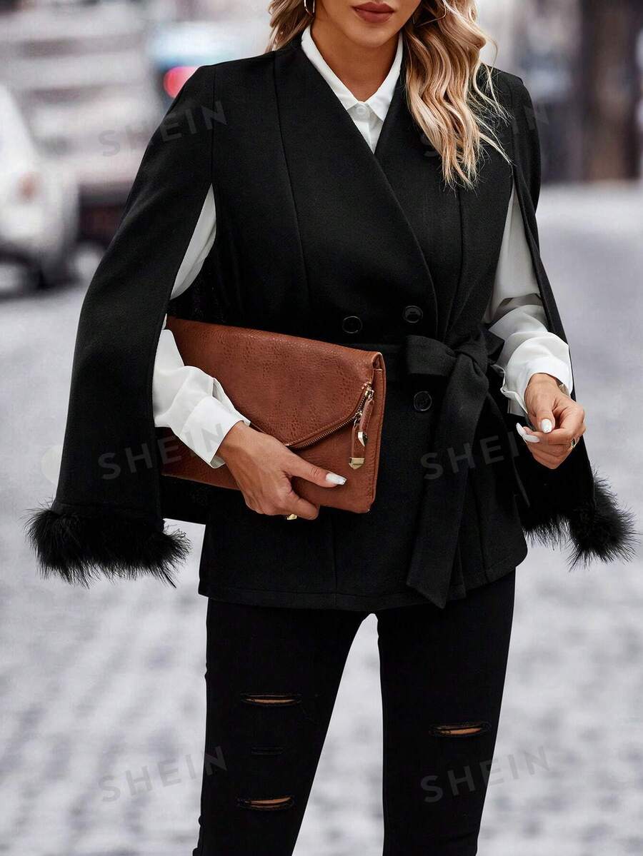 SHEIN Clasi Fuzzy Cuff Cloak Sleeve Belted Overcoat | SHEIN UK