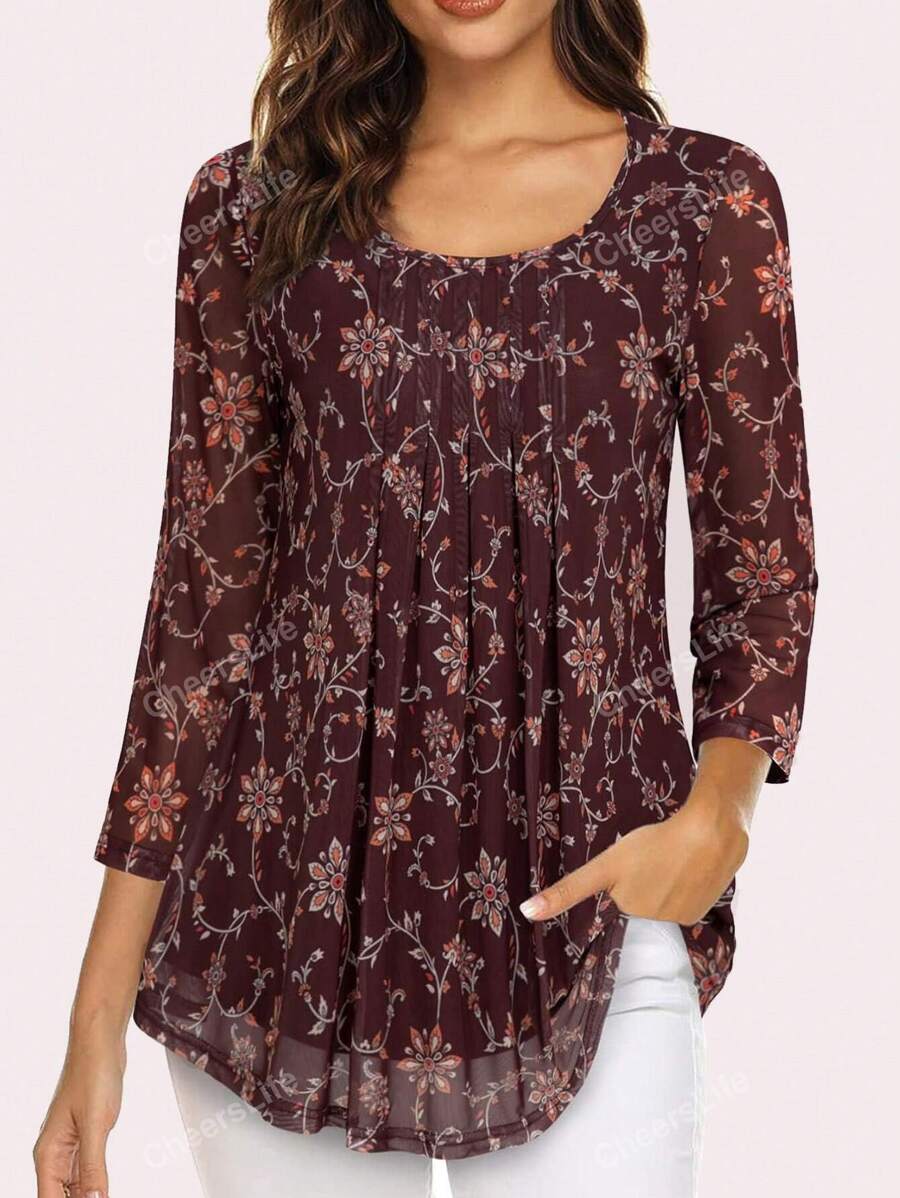 CheersLife Women's Casual 3/4 Sleeve Tunic Tops Floral Double Layers ...