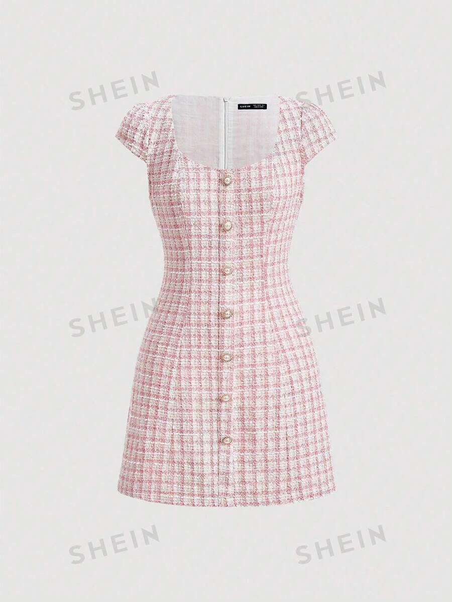 SHEIN MOD Plaid Pattern Button Front Tweed Dress | SHEIN UK